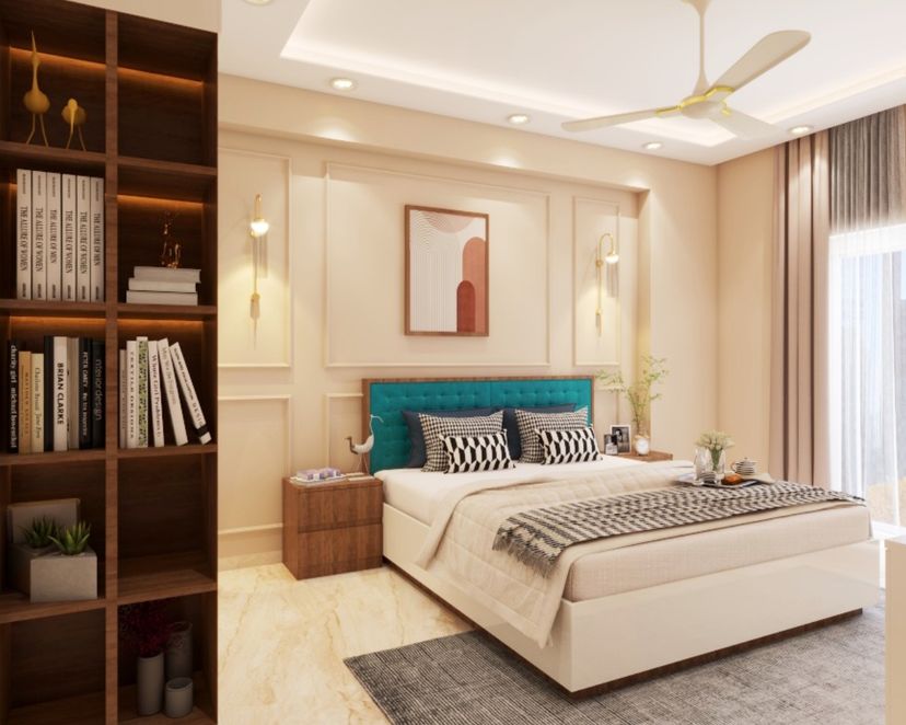 Master Bedroom Design With Queen Sized Bed And Blue Tufted Headboard ...