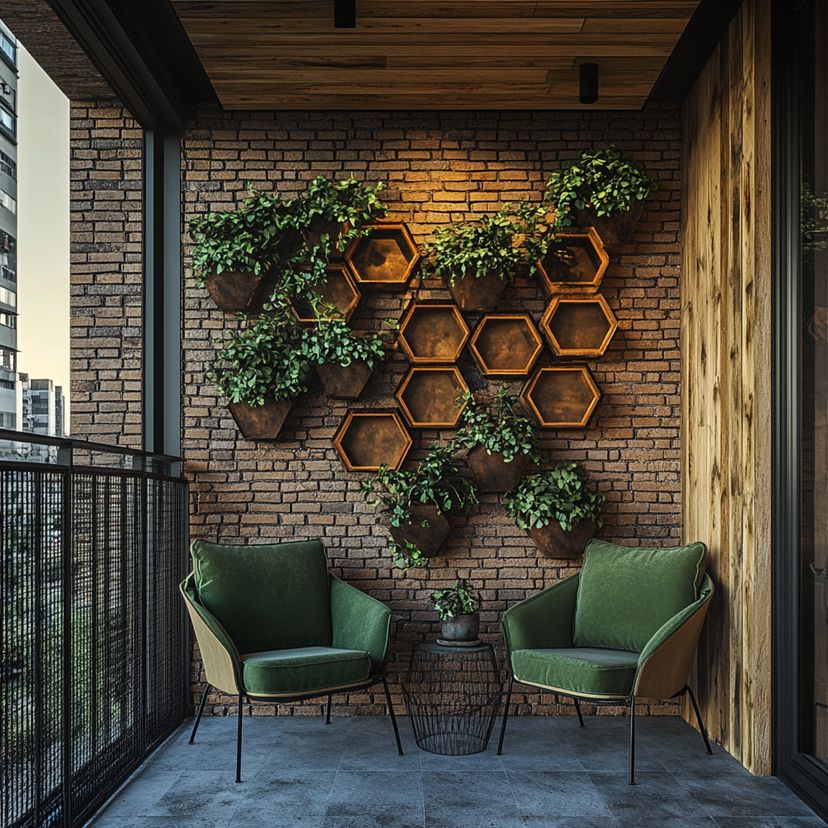 Indian Traditional Balcony Design - Brick Walls, Green Chairs, Earthy ...