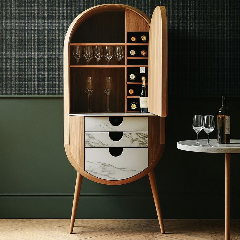 Home Bar in Suede Laminate with Contemporary Ample Drawers and Wine ...