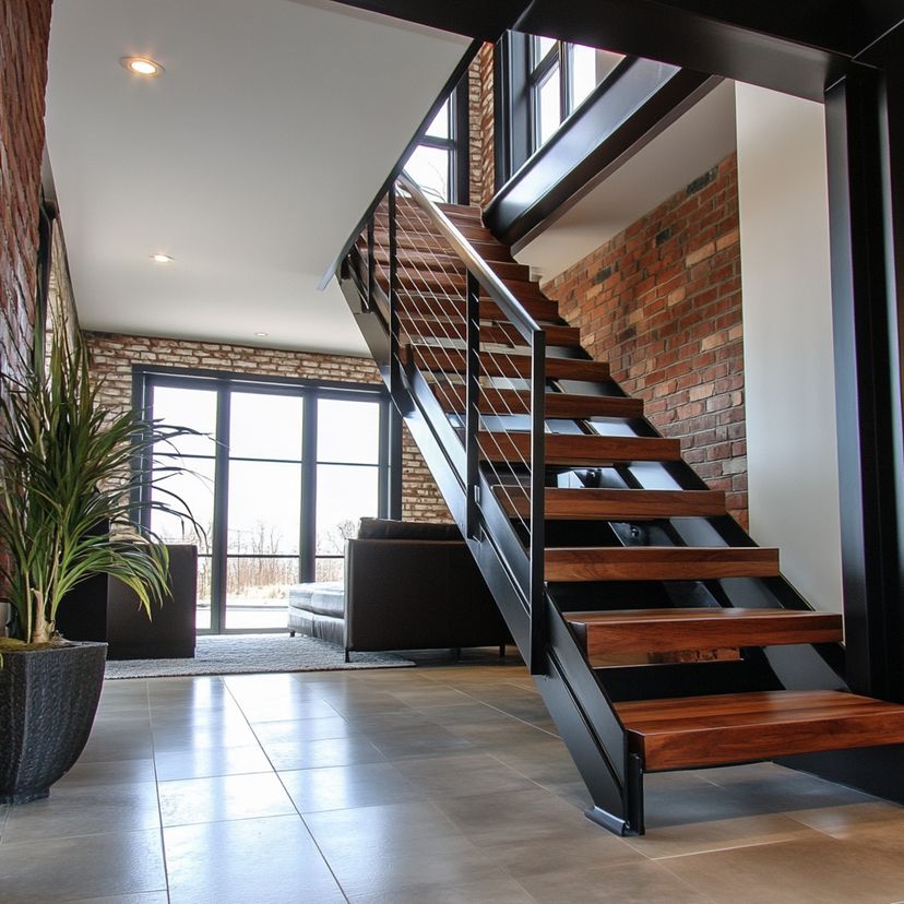 Industrial Straight Staircase Design with Wood and Metal Finish for ...