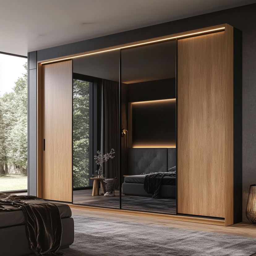 4-Door Sliding Wardrobe Design with Modern Natural Wood Tones, Black ...