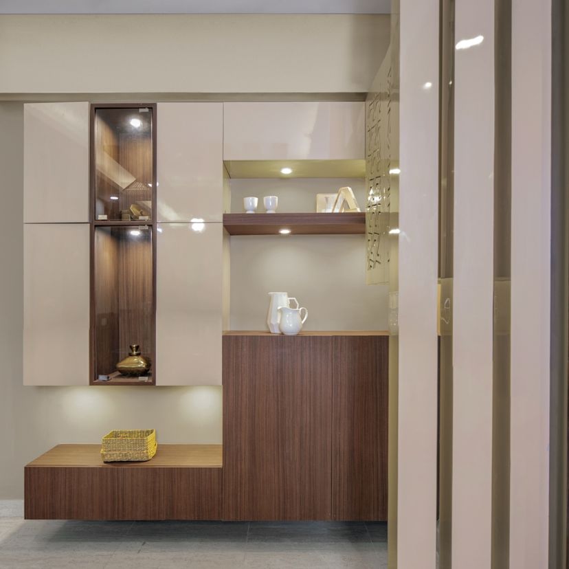 Crockery Unit Design with Contemporary Glass Doors, Shelves, and ...