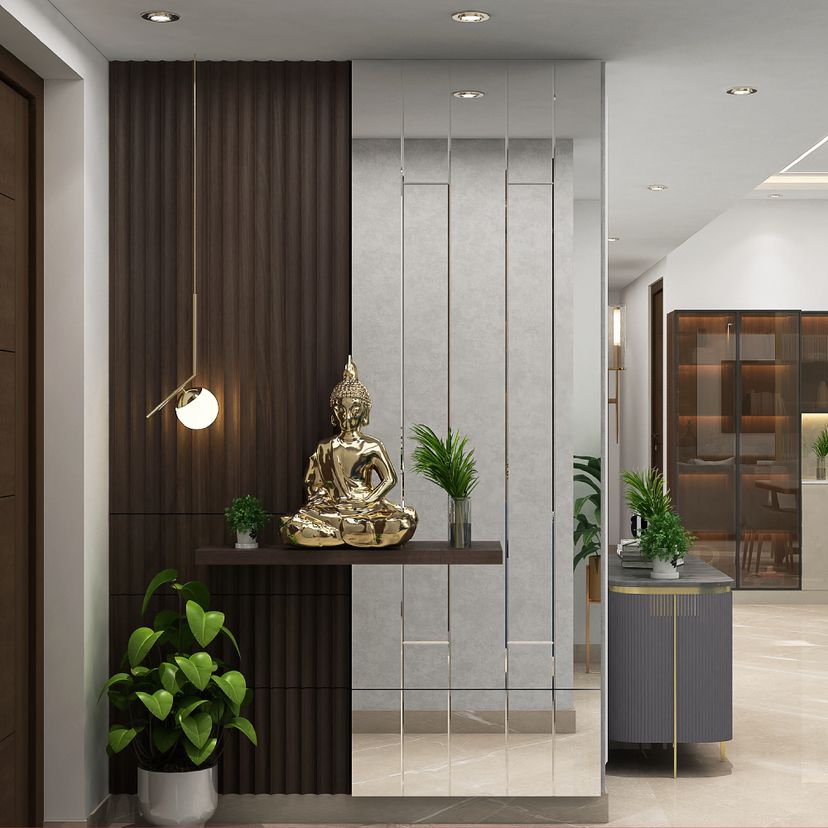 Foyer Design Featuring Modern Wooden Panel Accent Wall and Warm ...