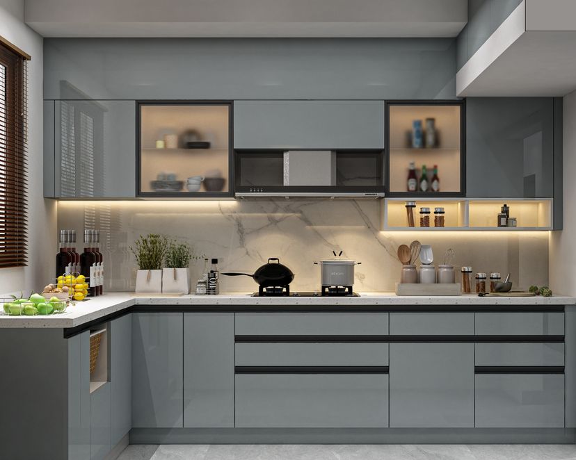 U-Shaped Modern Kitchen Design with Silver Storage Units and Quartz ...