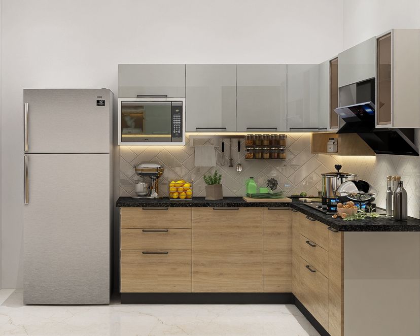 Contemporary L-Shaped Kitchen Design with Open Spice Racks, Granite ...