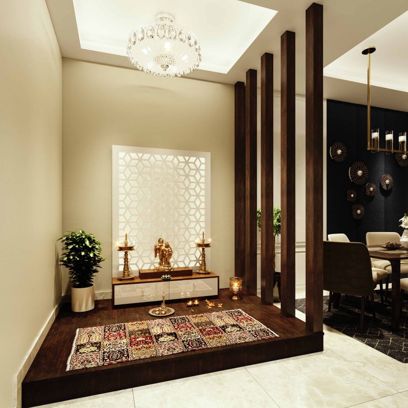 Modern Pooja Unit Design with Wooden Partition, CNC Panel, and Ceiling ...