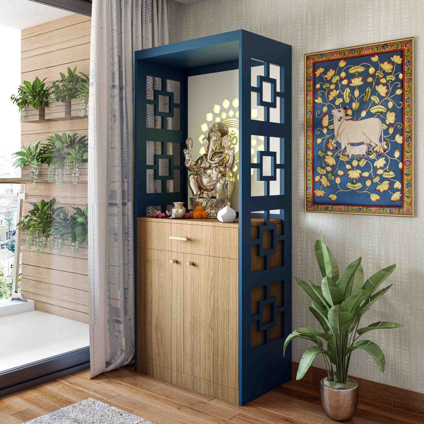 Floor-Mounted Contemporary Pooja Unit Design with Storage and Artistic ...