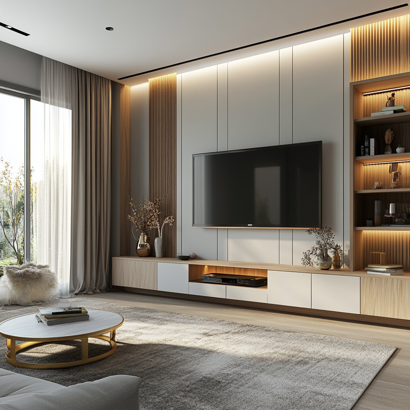 Wall-Mounted Modern TV Unit Design with Storage, Wooden Fluted Panel ...