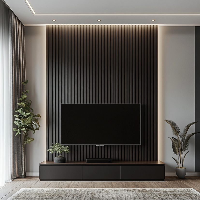 Modern TV Unit Design with Wooden Fluted Panels and Floor-Mounted ...