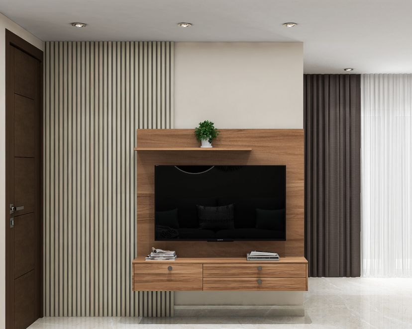 Budget-Friendly Teak Modern TV Unit Design with Open and Closed Storage ...